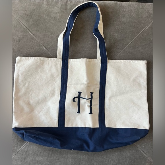 Bags | Canvas Tote Bag With Blue Trim Monogrammed With The Letter H ...